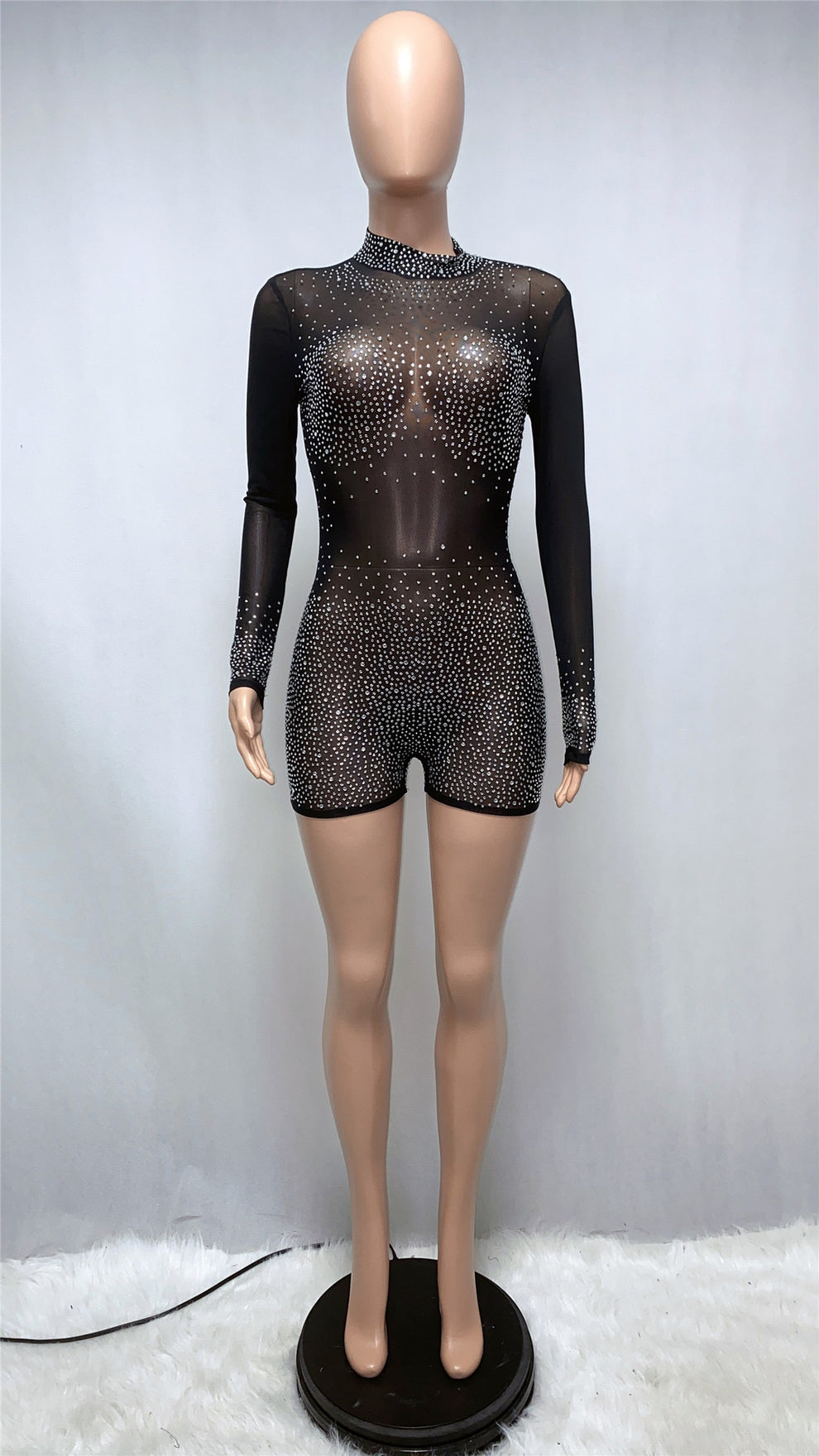 Sheer Mesh Diamond Accent Bodycon Shorts Romper – Bel-Amir Couture